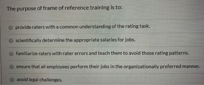 Solved The purpose of frame of reference training is to: | Chegg.com