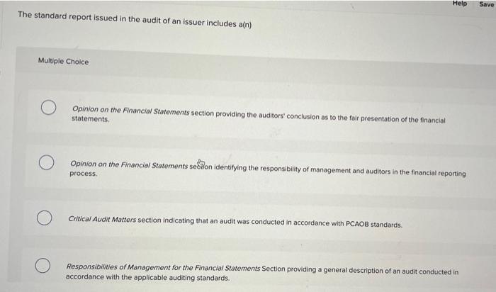 Solved The standard report issued in the audit of an issuer | Chegg.com