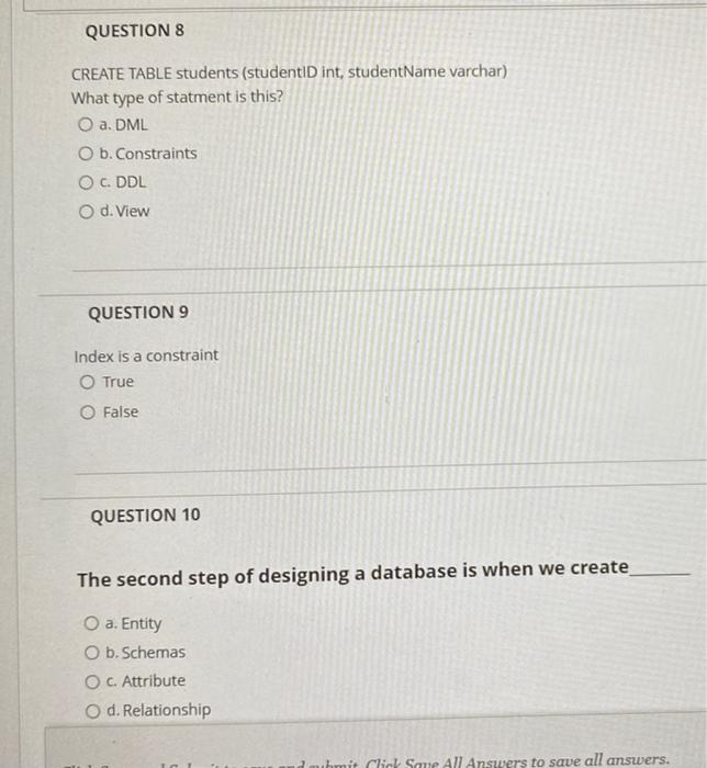 Solved QUESTION 8 CREATE TABLE students (studentID int, | Chegg.com
