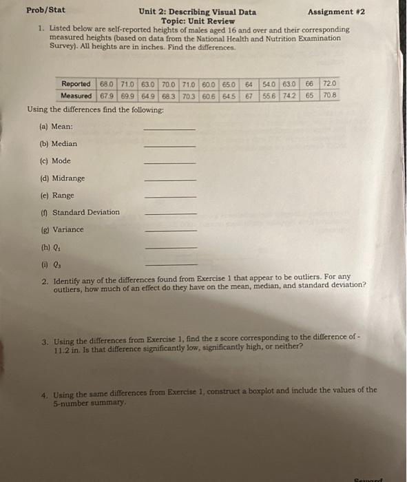 Solved Prob/Stat Assignment #2 Unit 2: Describing Visual | Chegg.com