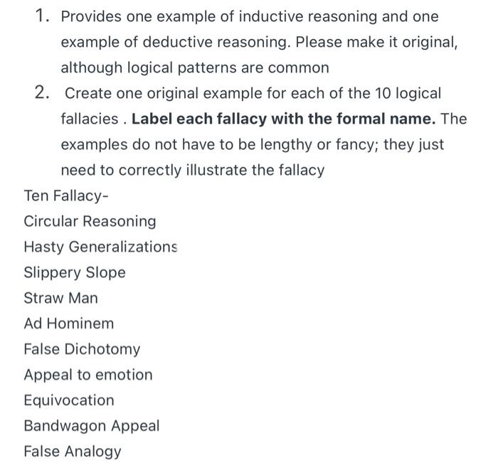 Solved 1. Provides one example of inductive reasoning and | Chegg.com