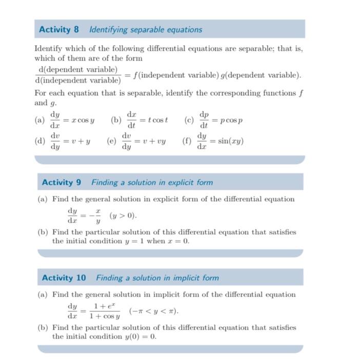 Solved Activity 8 Identifying separable equations Identify | Chegg.com