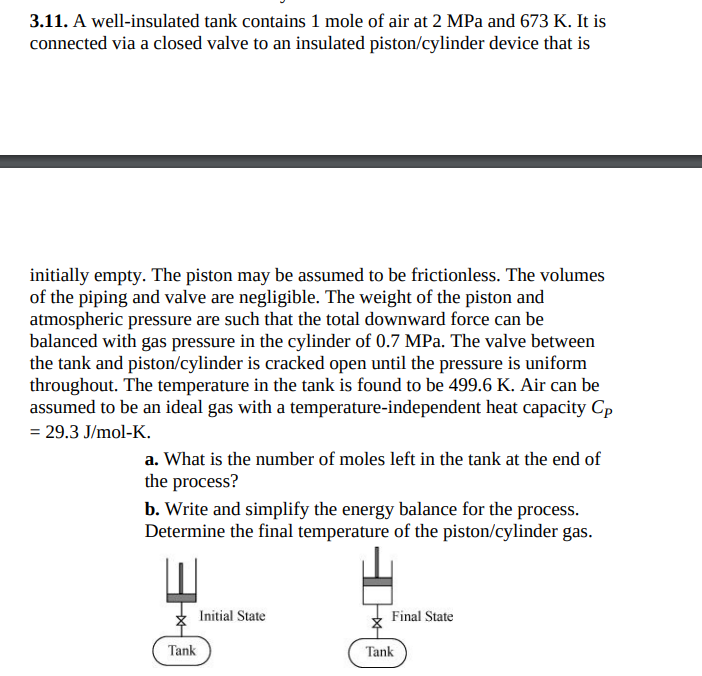 Solved 3.11. ﻿A well-insulated tank contains 1 ﻿mole of air | Chegg.com