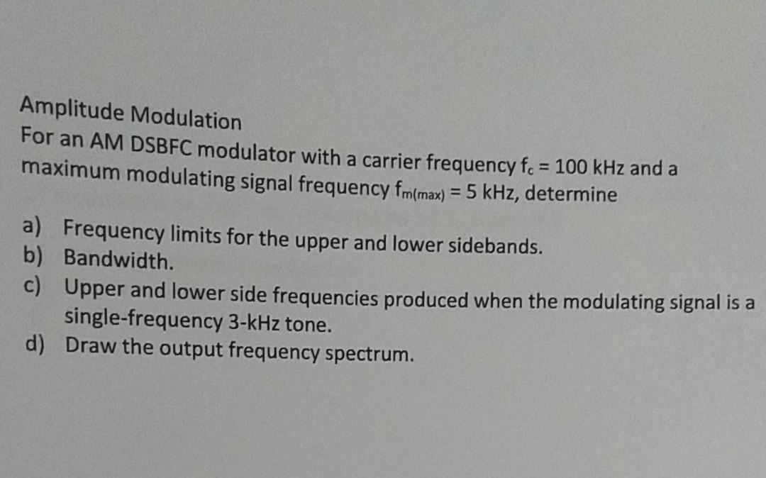 Solved Amplitude Modulation For an AM DSBFC modulator with a | Chegg.com