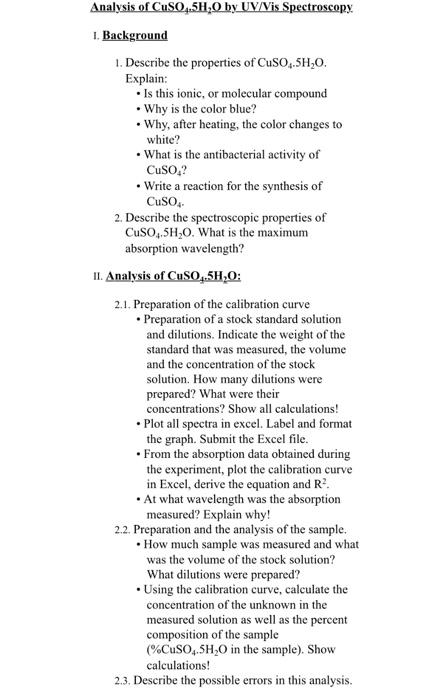Analysis of CuSO4.5H20 by UV/Vis Spectroscopy 1. | Chegg.com