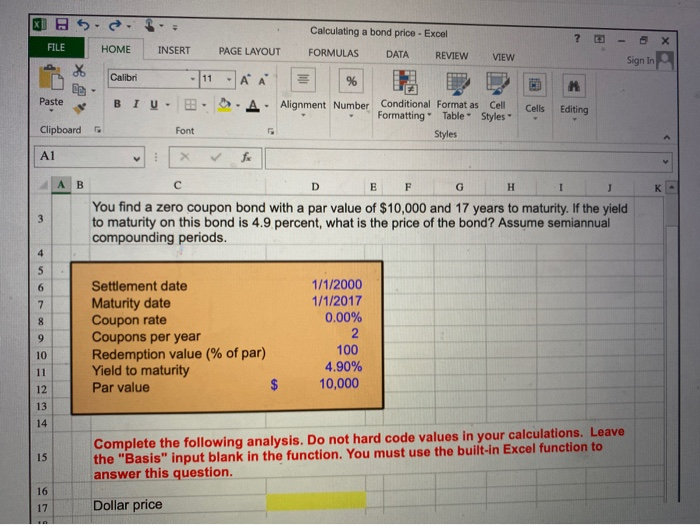 Solved FILE Calculating a bond price - Excel FORMULAS DATA | Chegg.com