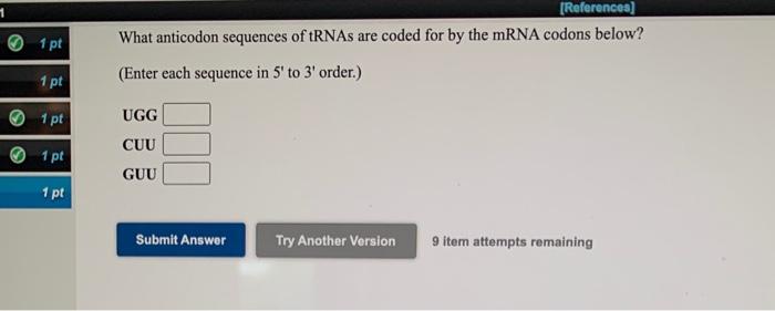 Solved 1 pt [References) What anticodon sequences of tRNAs | Chegg.com