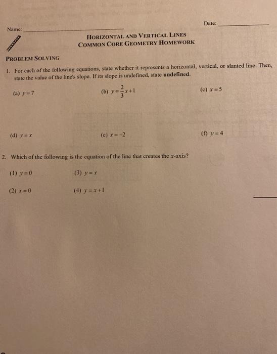 Solved Date Name Horizontal And Vertical Lines Common Core