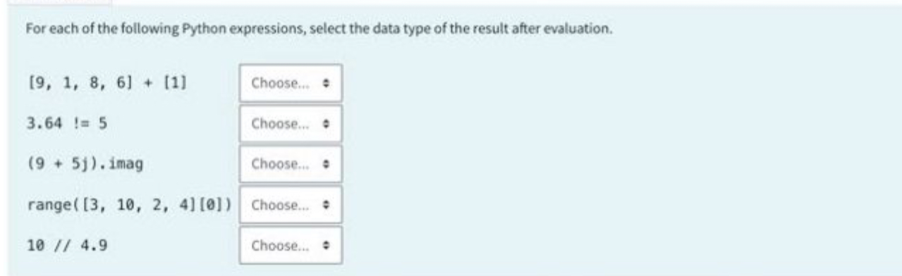 Solved For each of the following Python expressions, select | Chegg.com