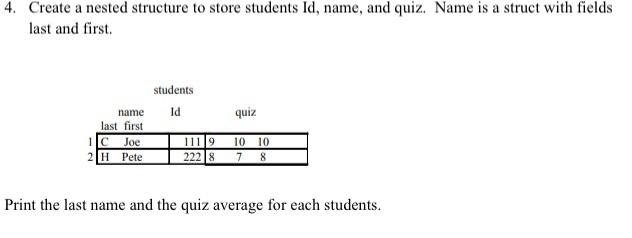Solved 4. Create a nested structure to store students id, | Chegg.com