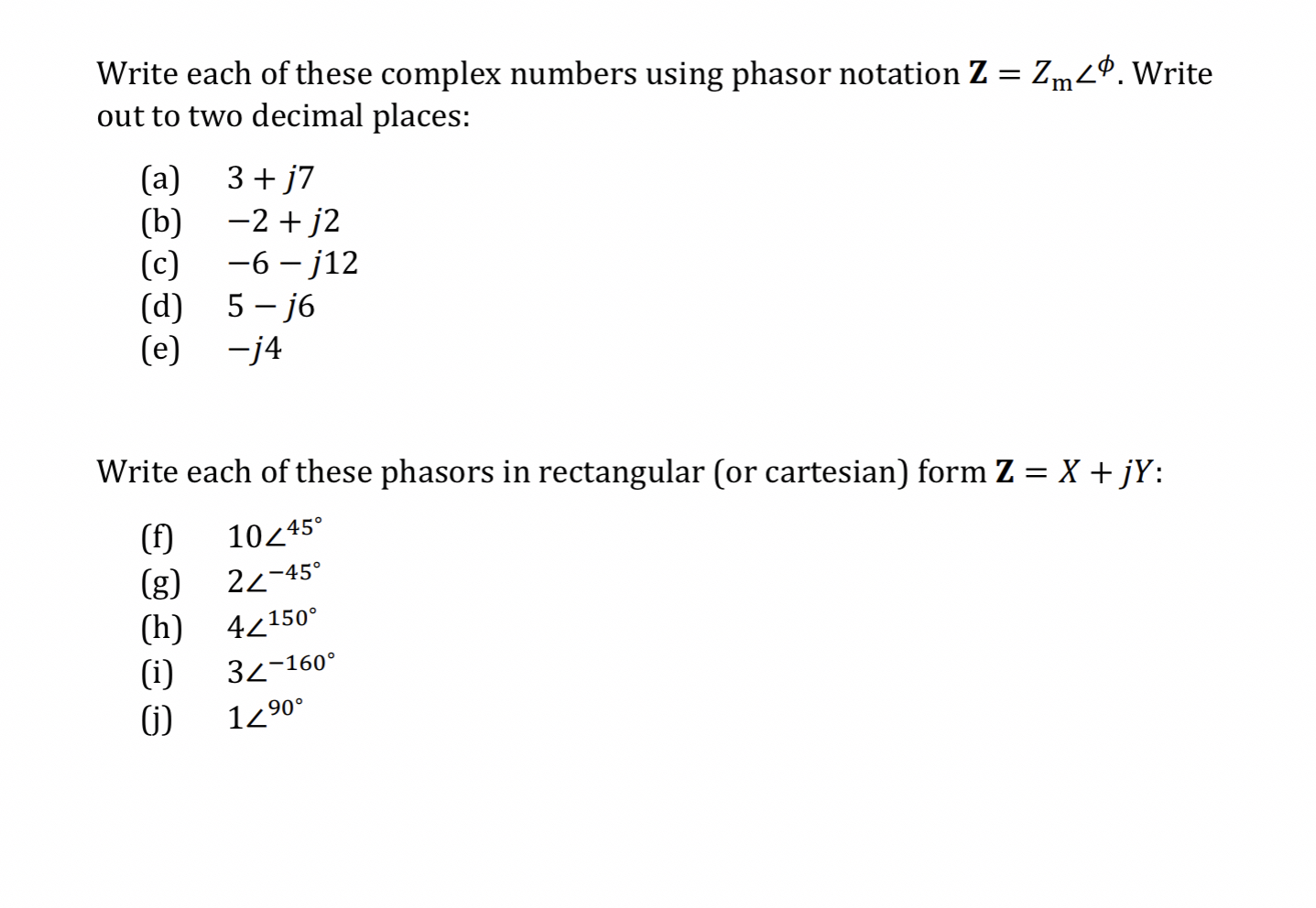 Solved Write each of these complex numbers using phasor | Chegg.com