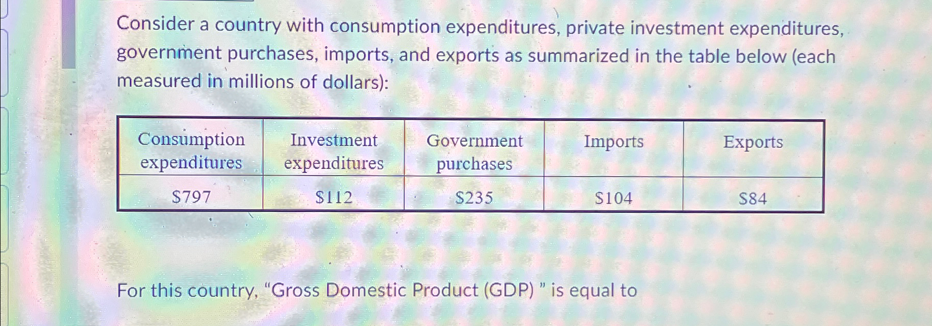 Solved Consider a country with consumption expenditures, | Chegg.com
