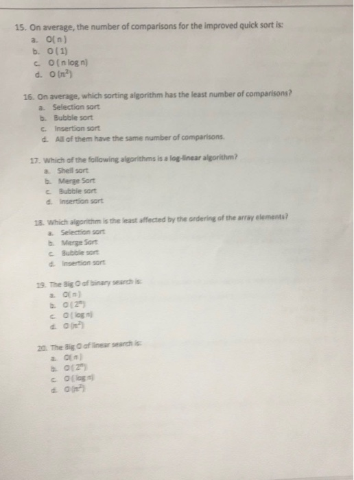 Solved 15. On average, the number of comparisons for the | Chegg.com