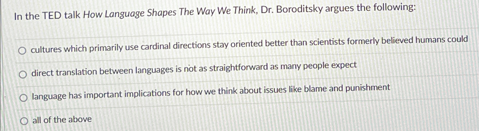 Solved In the TED talk How Language Shapes The Way We Think, | Chegg.com
