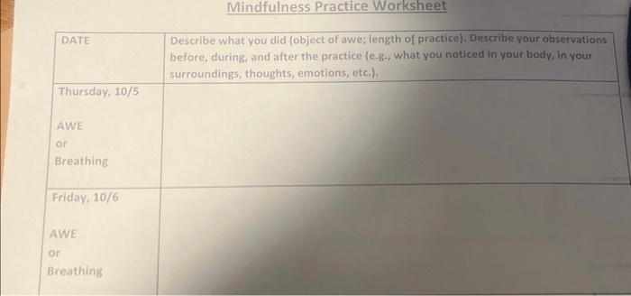 Solved Mindfulness Practice Worksheet | Chegg.com