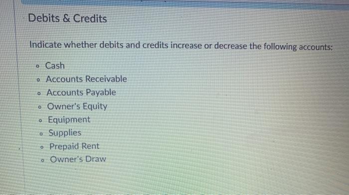 Solved Indicate whether debits and credits increase or | Chegg.com