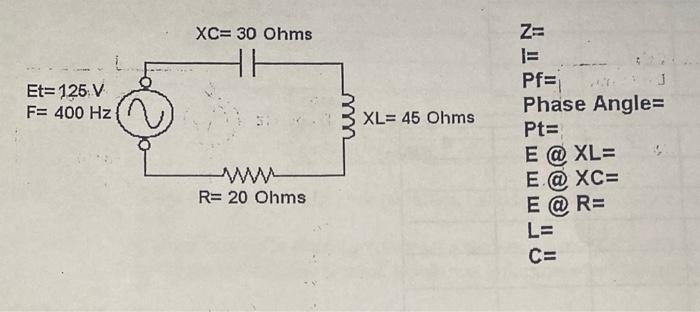 Solved Z= I= Pf= Phase Angle= Pt= E@XL= E@XC= E@R= L= C= | Chegg.com