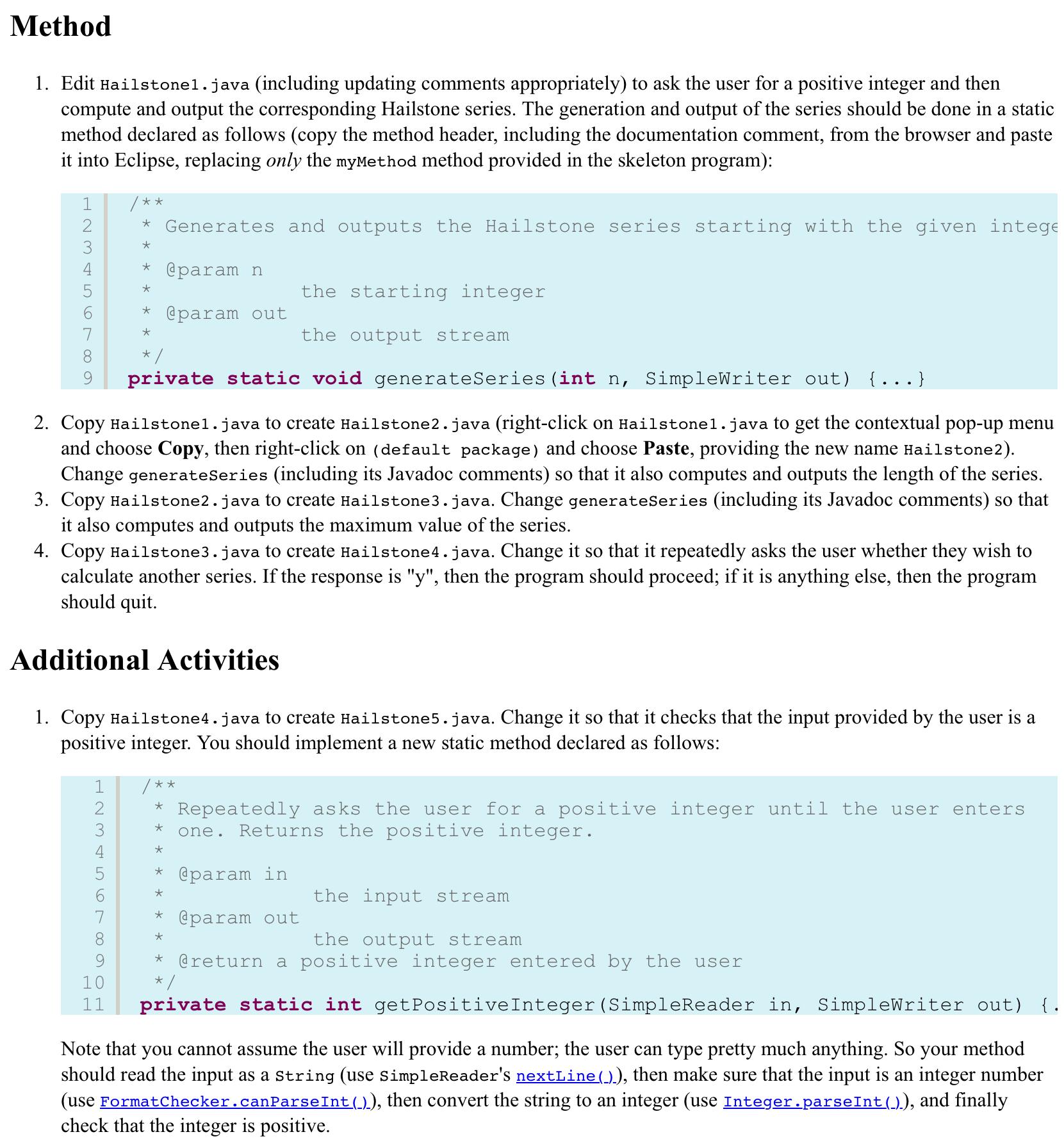 Solved MethodEdit Hailstone1.java (including updating | Chegg.com