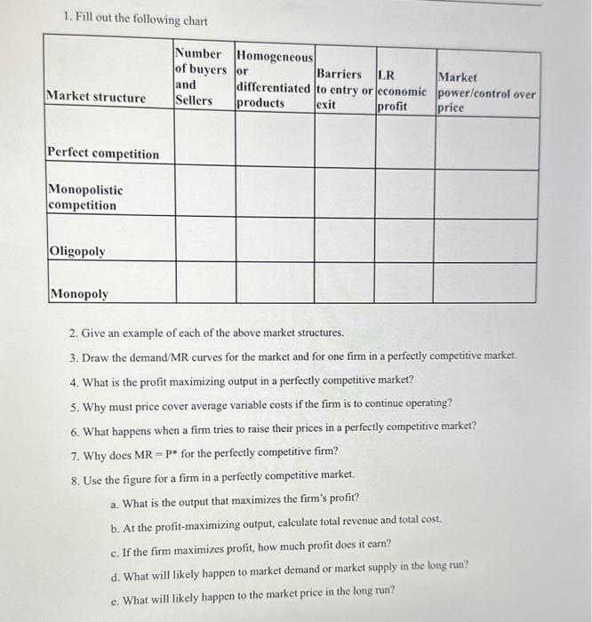 Solved 1. Fill out the following chart 2. Give an example of | Chegg.com