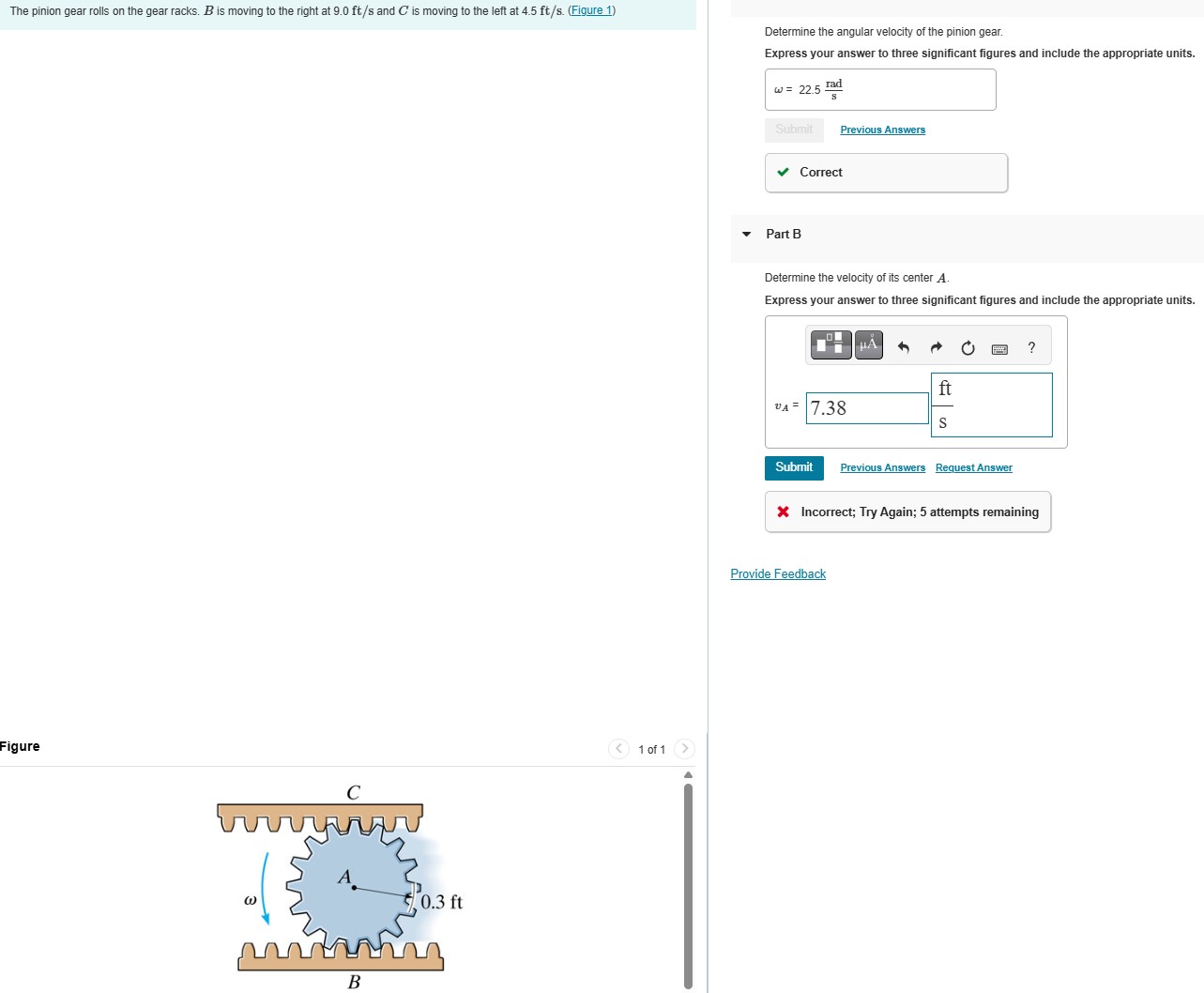 Solved The pinion gear rolls on the gear racks. B is moving | Chegg.com