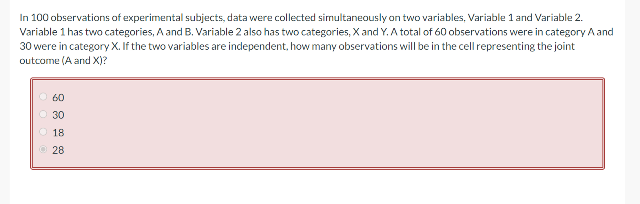 Solved In 100 ﻿observations of experimental subjects, data | Chegg.com