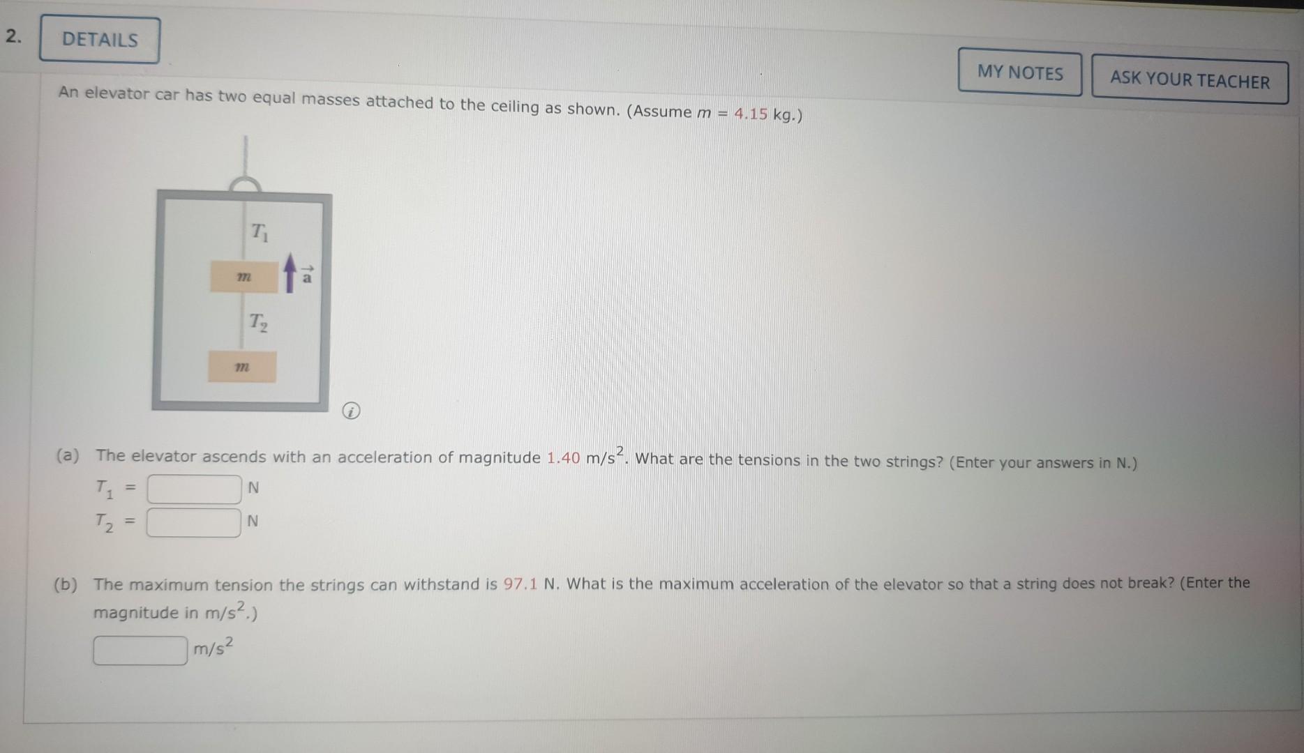 Solved An elevator car has two equal masses attached to the | Chegg.com