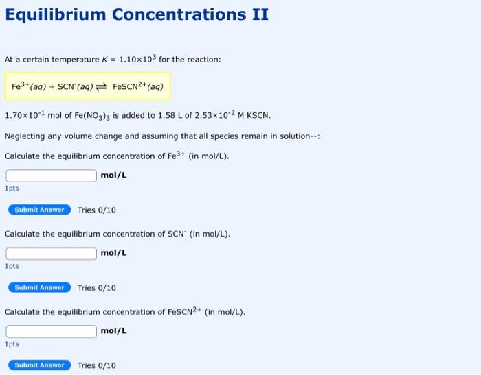 Solved Equilibrium Concentrations II At a certain | Chegg.com