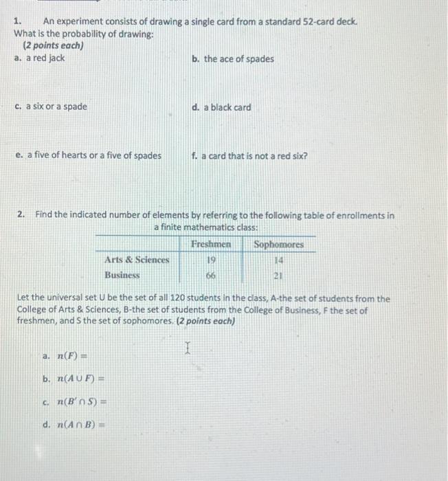 Solved 1. An experiment consists of drawing a single card | Chegg.com