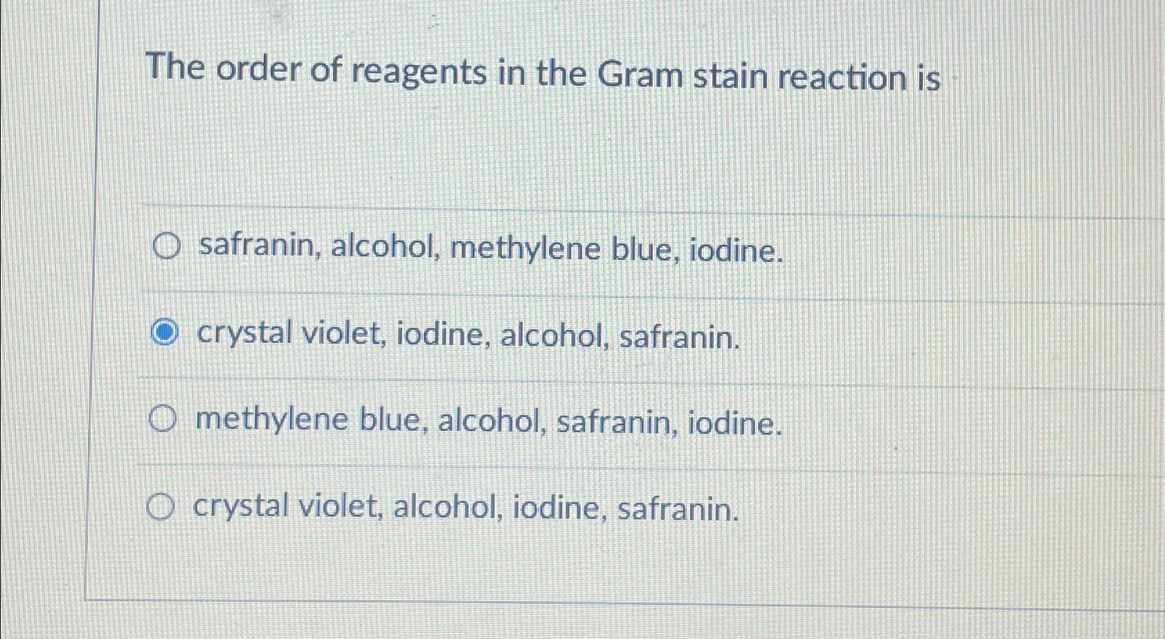 Solved The order of reagents in the Gram stain reaction | Chegg.com