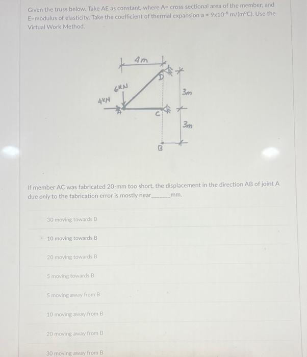 Given the truss below. Take AE as constant, where A" | Chegg.com