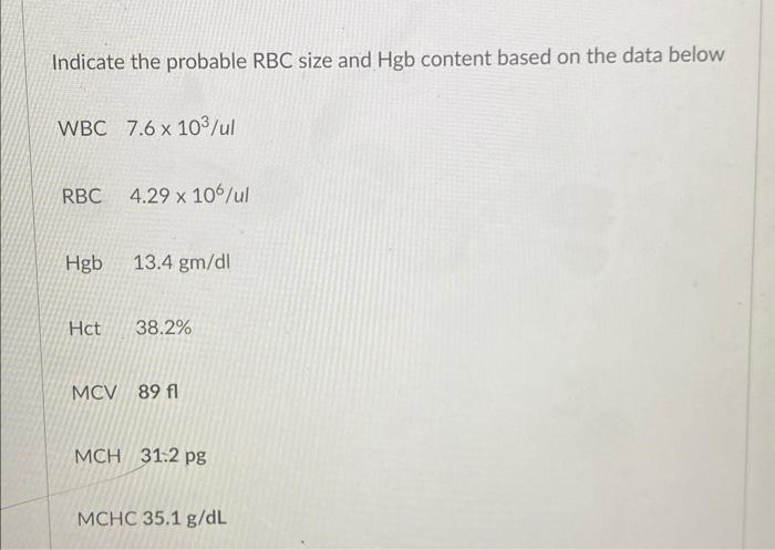 Solved Indicate the probable RBC size and Hgb content based | Chegg.com