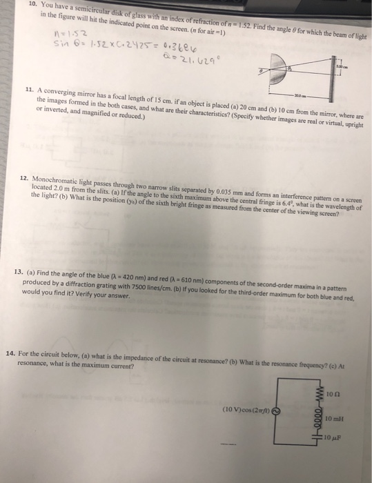 Solved You have a semicircular disk of glass with an index | Chegg.com