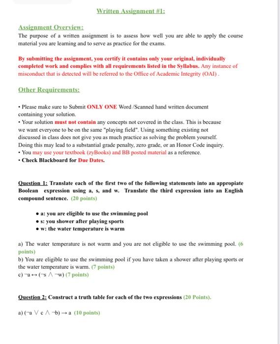 Written Assignment \#1: Assignment Overview: The | Chegg.com