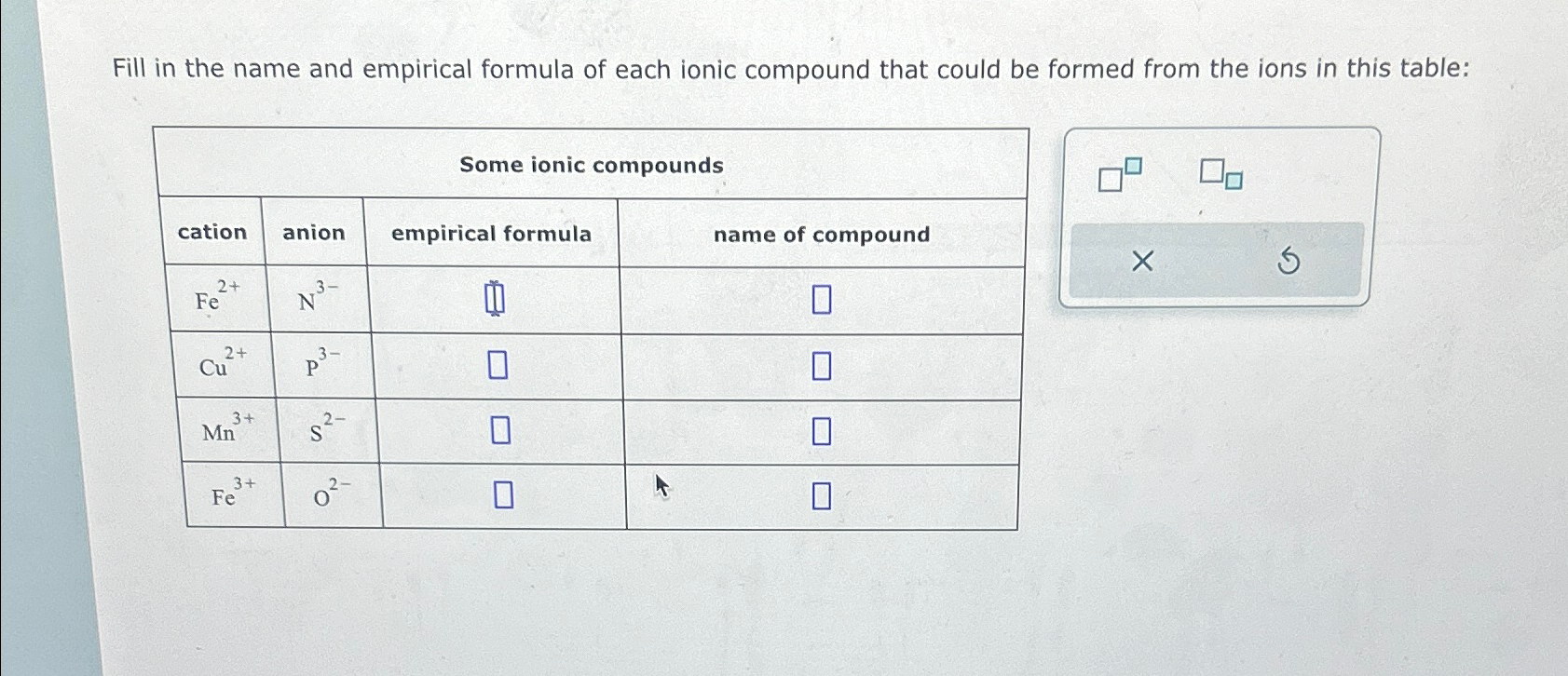 Solved Fill in the name and empirical formula of each ionic | Chegg.com