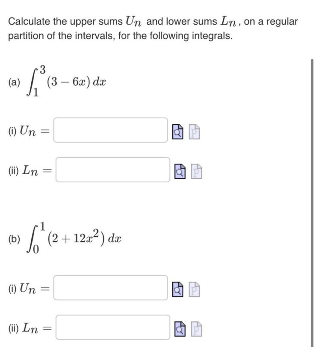 Solved Calculate the upper sums Un and lower sums Ln, on a | Chegg.com