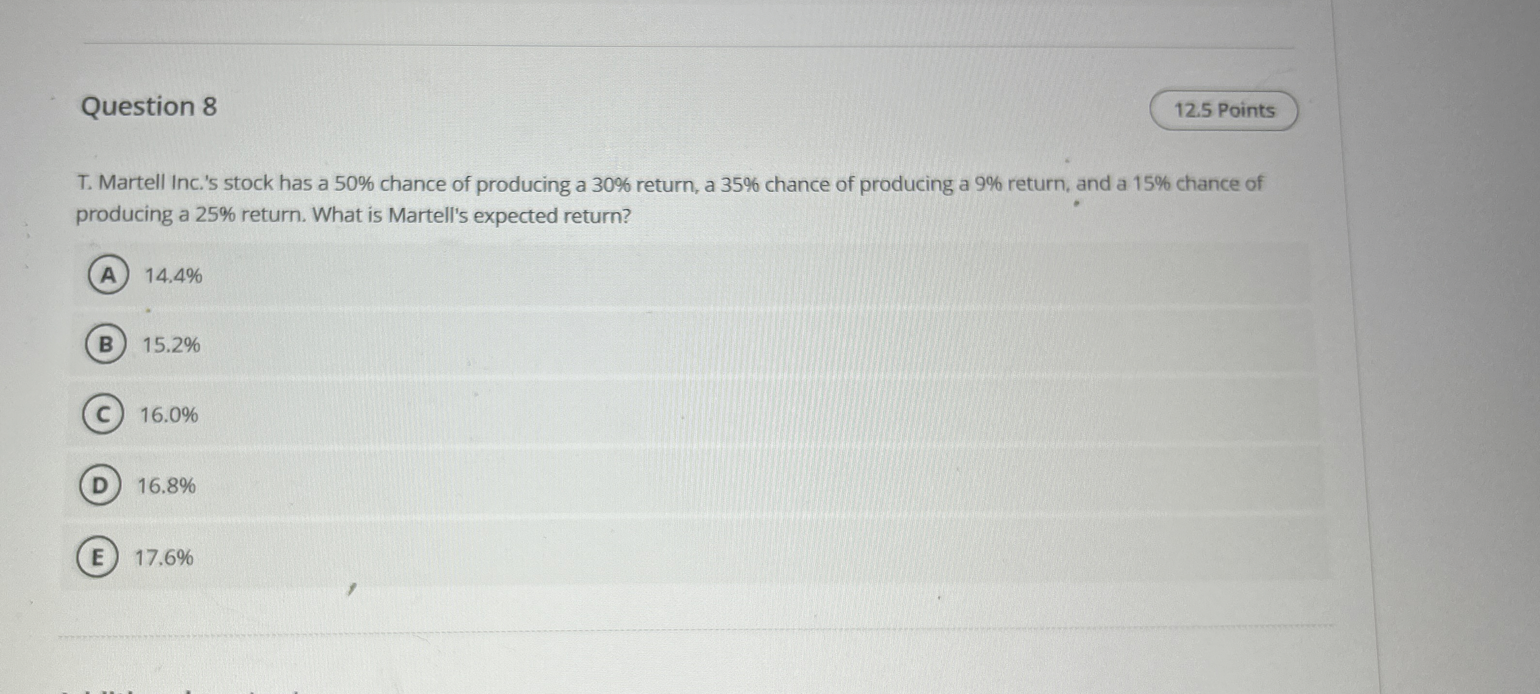 Solved Question 8 T. ﻿Martell Inc.'s stock has a 50% ﻿chance | Chegg.com