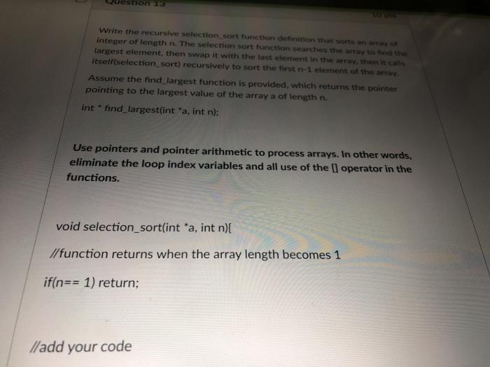 Solved Westion 13 Write The Recursive Selection Sort 1080