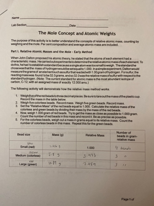 Solved Name Lab Section _Date The Mole Concept and Atomic | Chegg.com