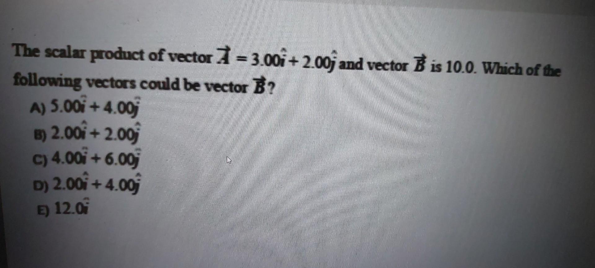 Solved The scalar product of vector A=3.00i^+2.00j^ and | Chegg.com