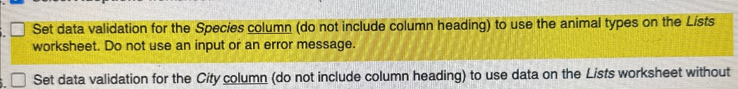 Solved Set data validation for the Species column (do not | Chegg.com