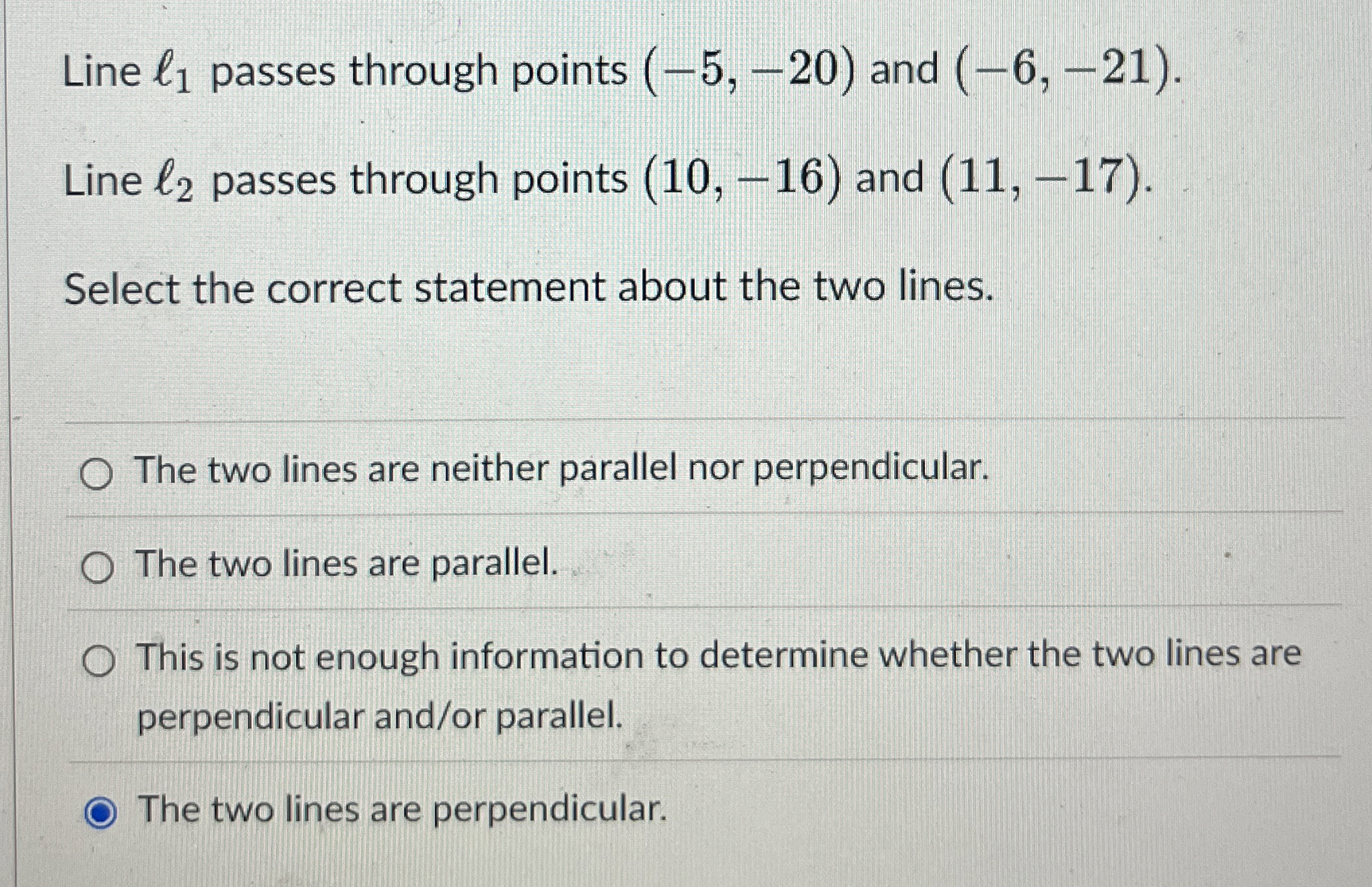 Solved Line l1 ﻿passes through points (-5,-20) ﻿and | Chegg.com