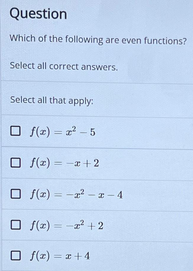 Solved QuestionWhich of the following are even | Chegg.com