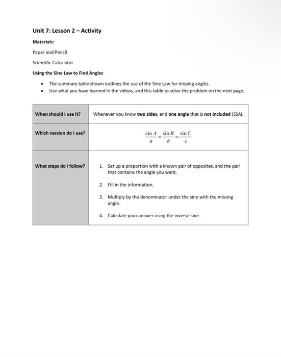 Solved Unit 7: Lesson 2-Activity Materials: Paper and Pencil | Chegg.com