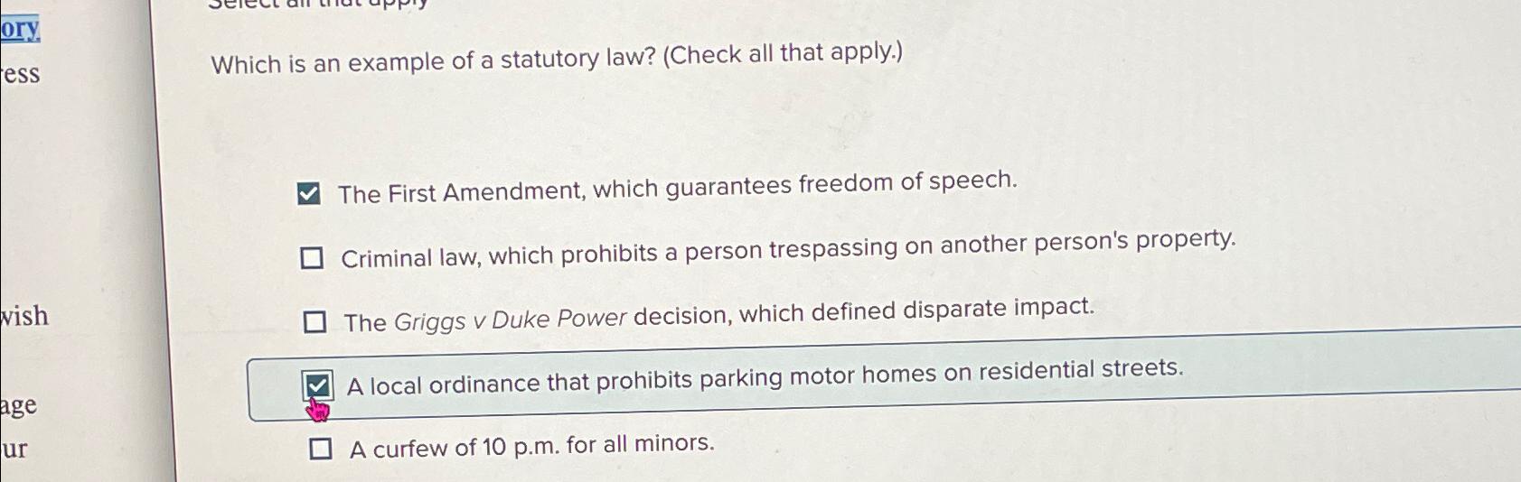 Solved Which is an example of a statutory law? (Check all | Chegg.com