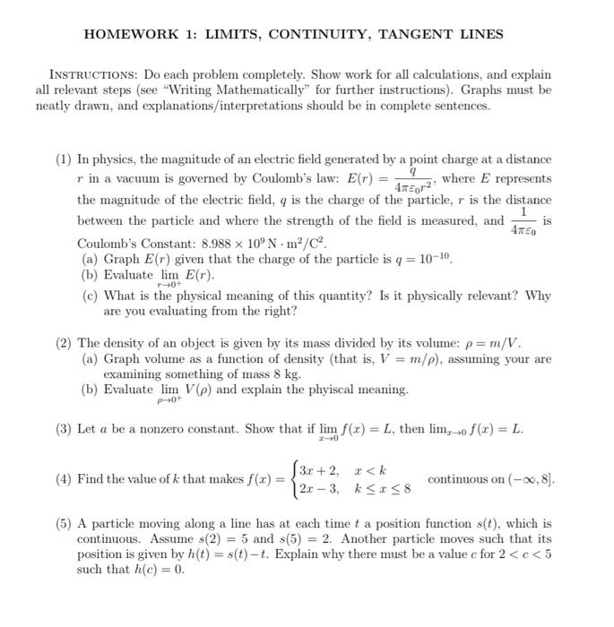 Solved HOMEWORK 1: LIMITS, CONTINUITY, TANGENT LINES | Chegg.com