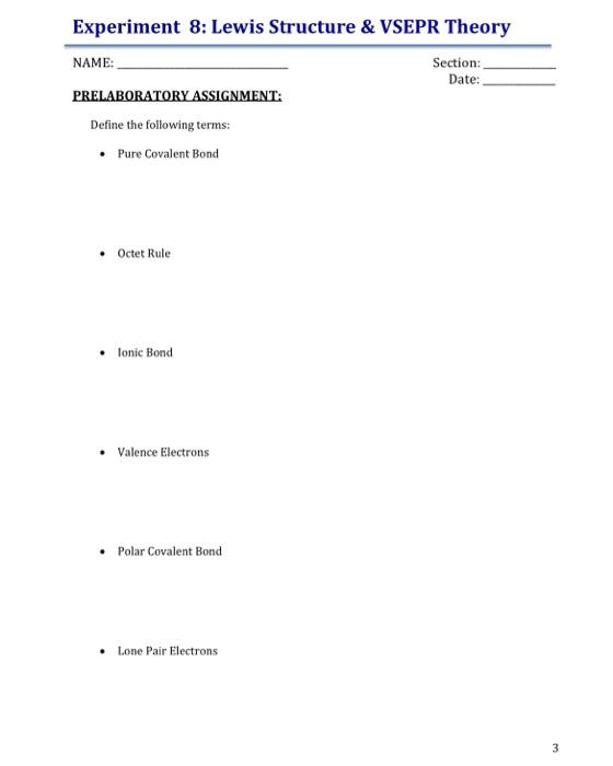 Solved Experiment 8 Lewis Structure And Vsepr Theory Name