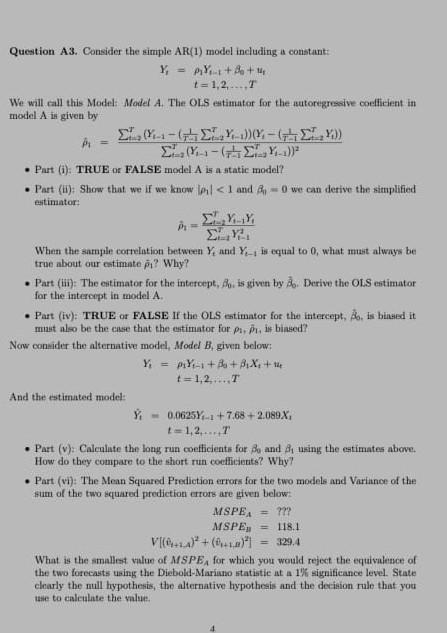 Solved Question A3. Consider the simple AR(1) model | Chegg.com
