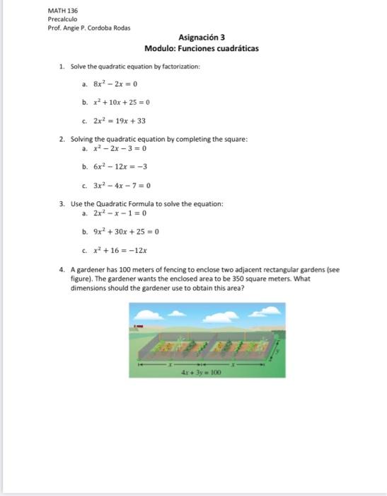 [Solved]: MATH 136 Precalculo Prof. Angie P. Cordoba Rodas