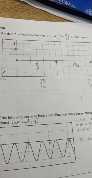 Solved sketch of 2 cycles of the function y=−sin(2x−2π)+1. | Chegg.com