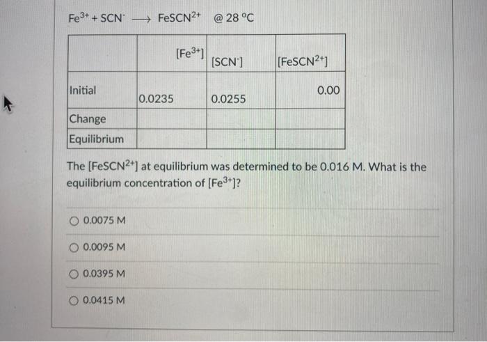 Solved Fe3+ + SCN → FeSCN2+ @ 28 °C [Fe3+) (SCN) (FeSCN2+1 | Chegg.com